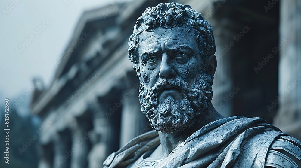 A statue of an ancient Roman or Greek philosopher, depicted with a ...