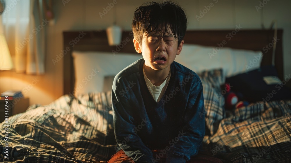 Witness The Emotional Turmoil Of An Asian Boy Sitting And Crying On His ...
