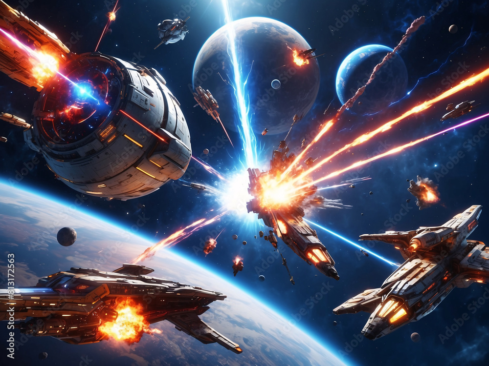 Epic space battle of spaceships, starships in the future of high ...