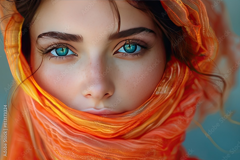 Woman in traditional Muslim clothing, smiling. Beautiful woman headshot ...