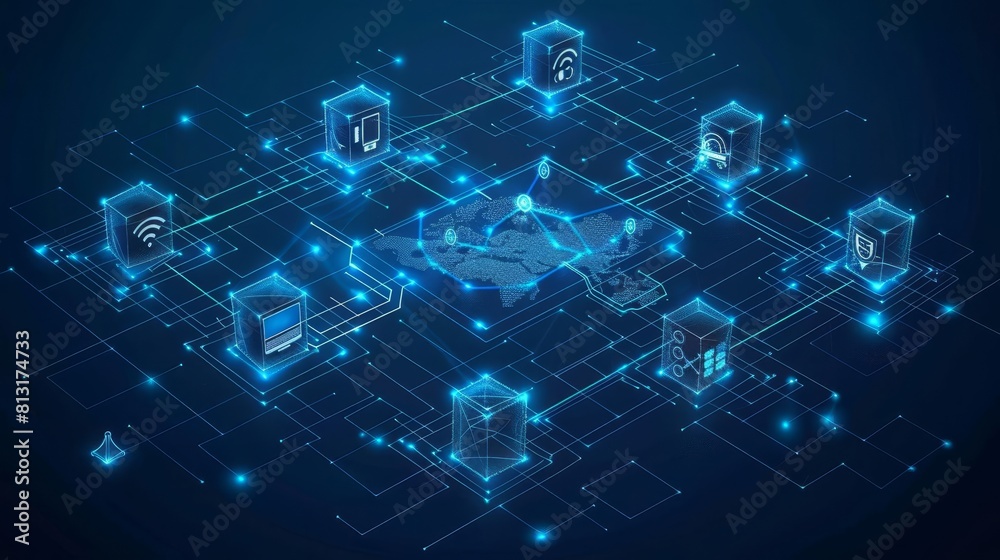 Advanced IoT system illustrated in a low poly wireframe design, set ...