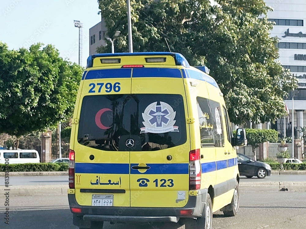 Cairo, Egypt, April 2 2024: Mercedes Ambulance on road responding for ...