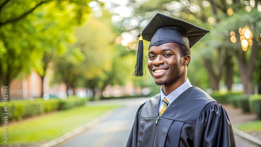 Happy Black Graduate in Cap and Gown Smiling, Graduation Background ...