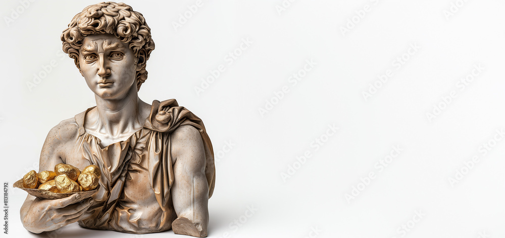 bust of a statue with gold. Greek statue on a white background. Gold ...