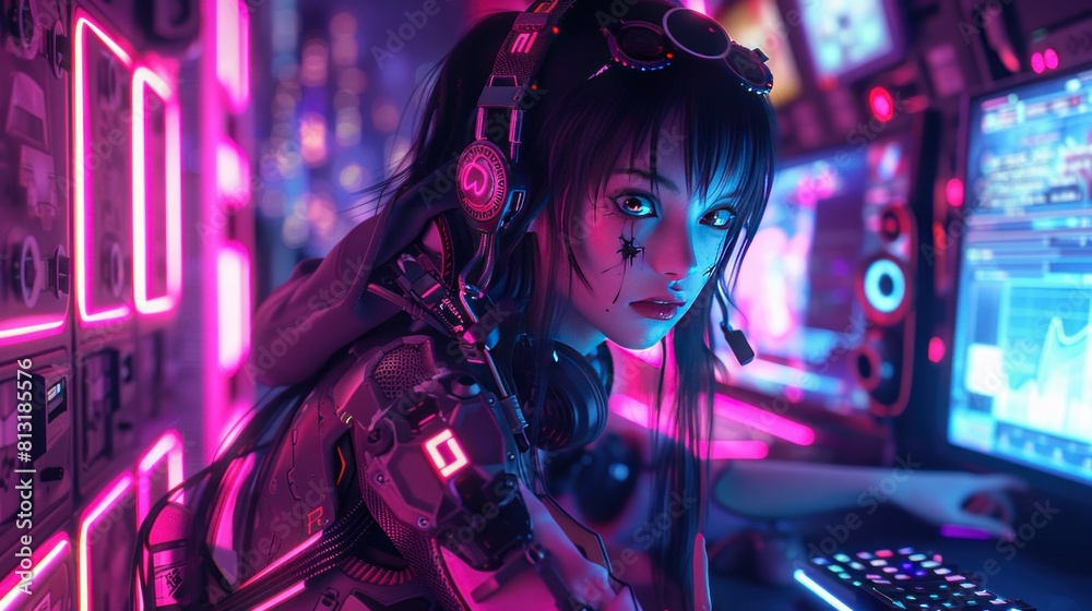 Face of a cyberpunk 3d anime style cyborg woman looking seriously ...