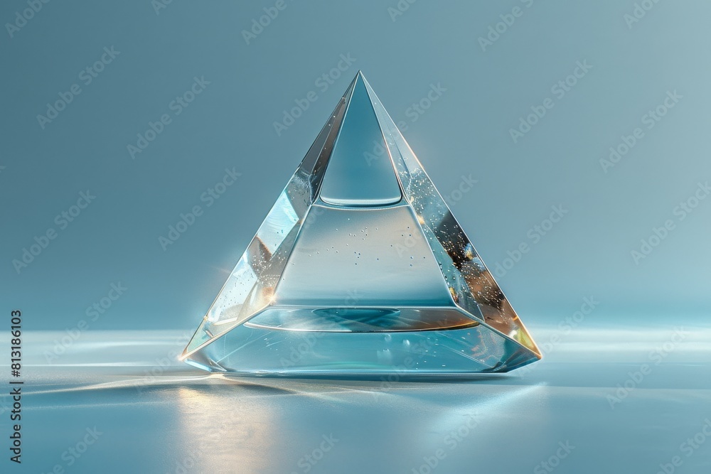 This image features a clear glass pyramid with intricate reflections ...