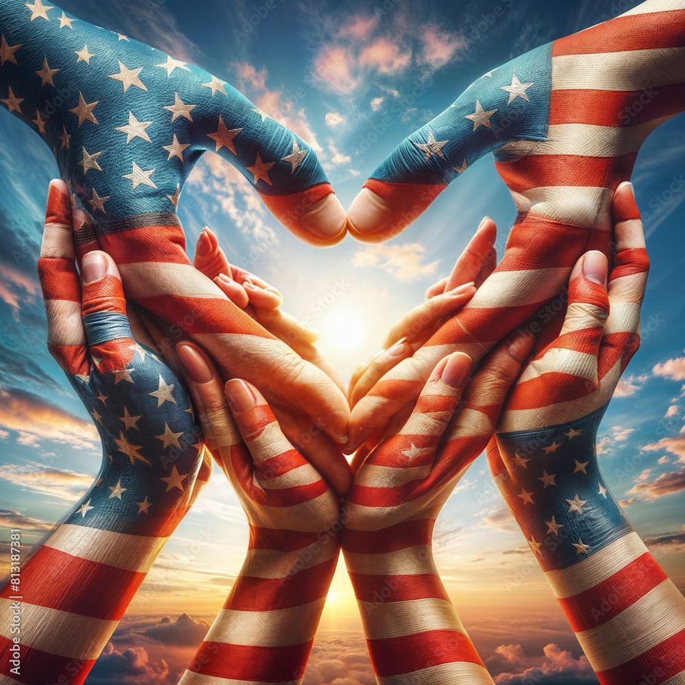 American flag red white blue star pattern on people hands in heart love ...