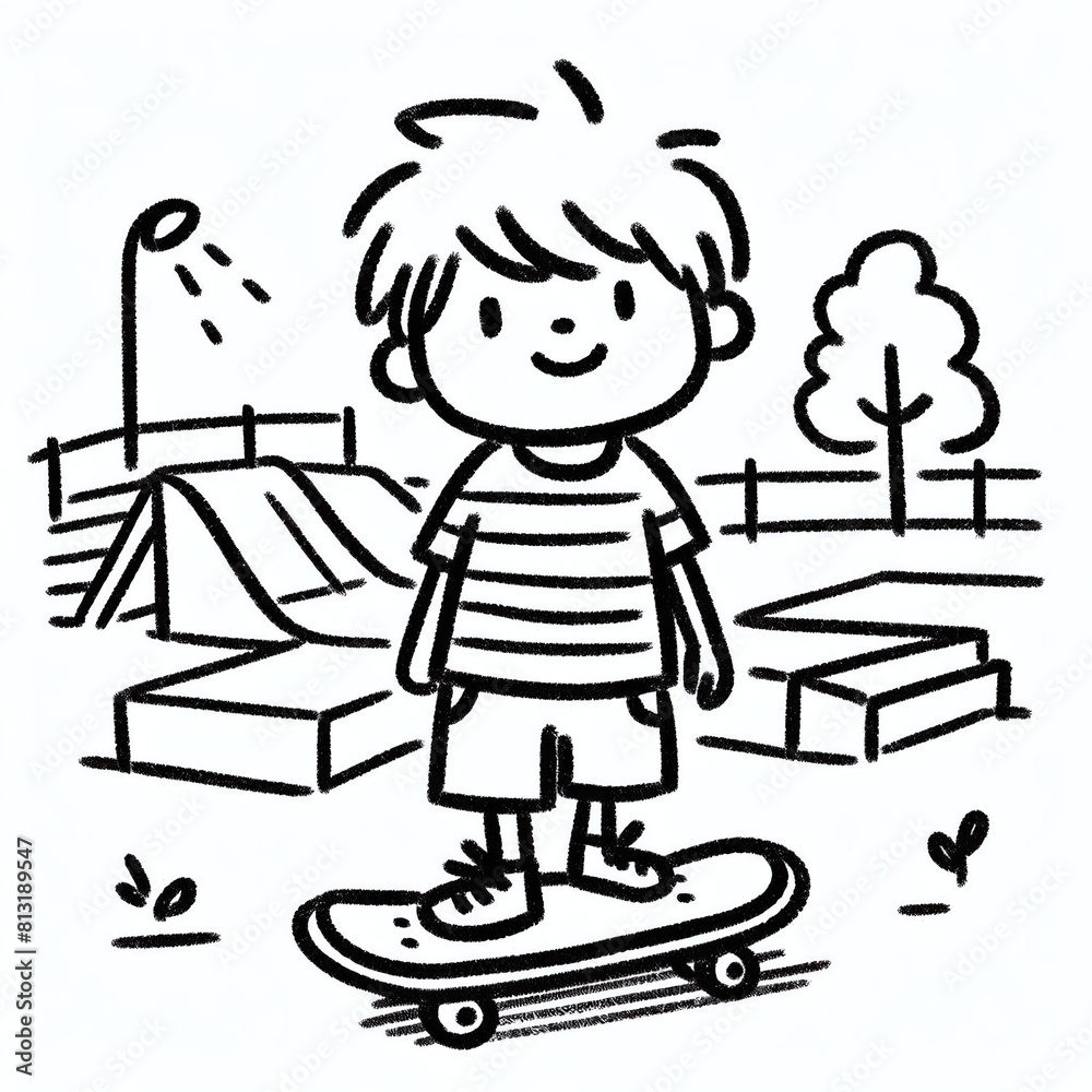 cute outline drawing illustration of a kid with skateboard at skate ...