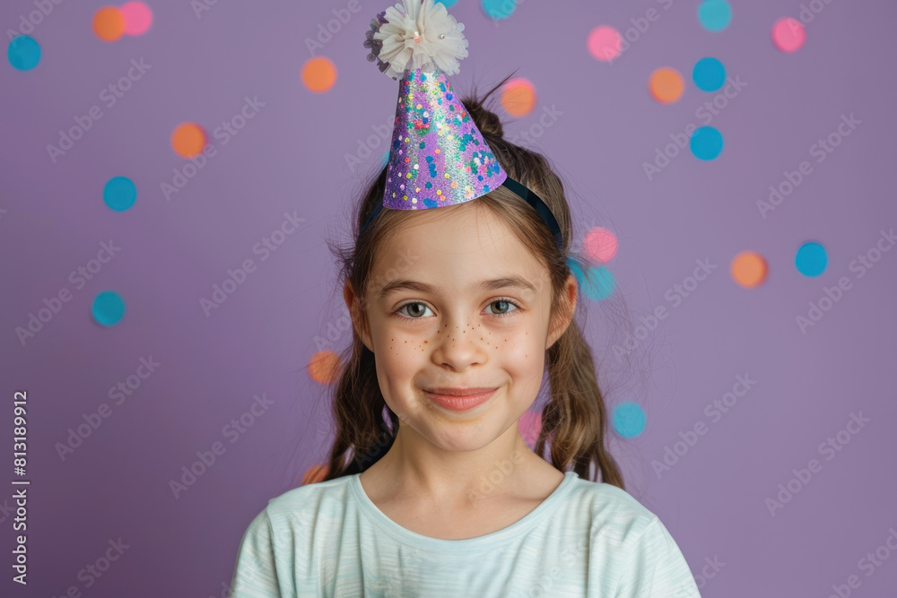 cheerful child with purple glitter party hat and colorful confetti ...