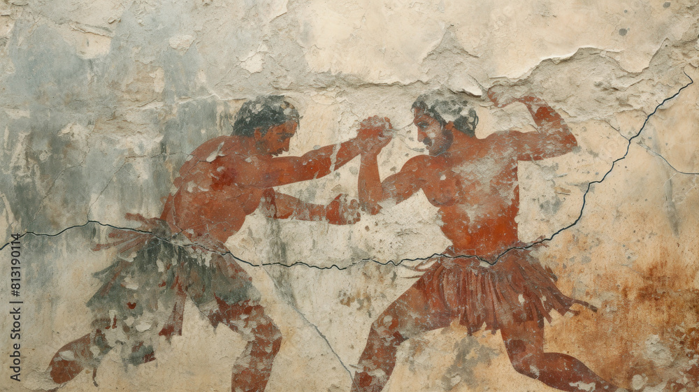 Ancient Greek or Roman wrestling, old wall painting with two fighting ...