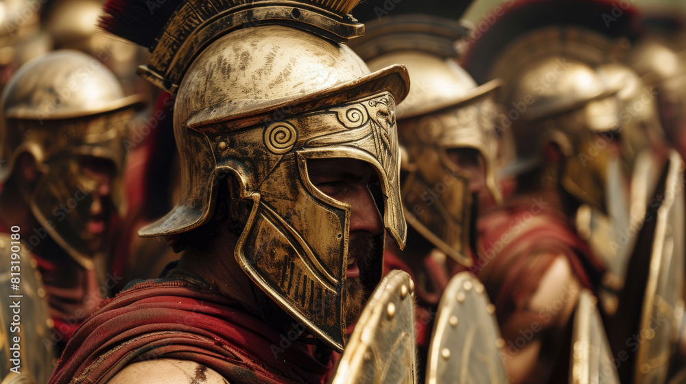 Spartans in armor close-up, Ancient Greek warriors on battlefield ...