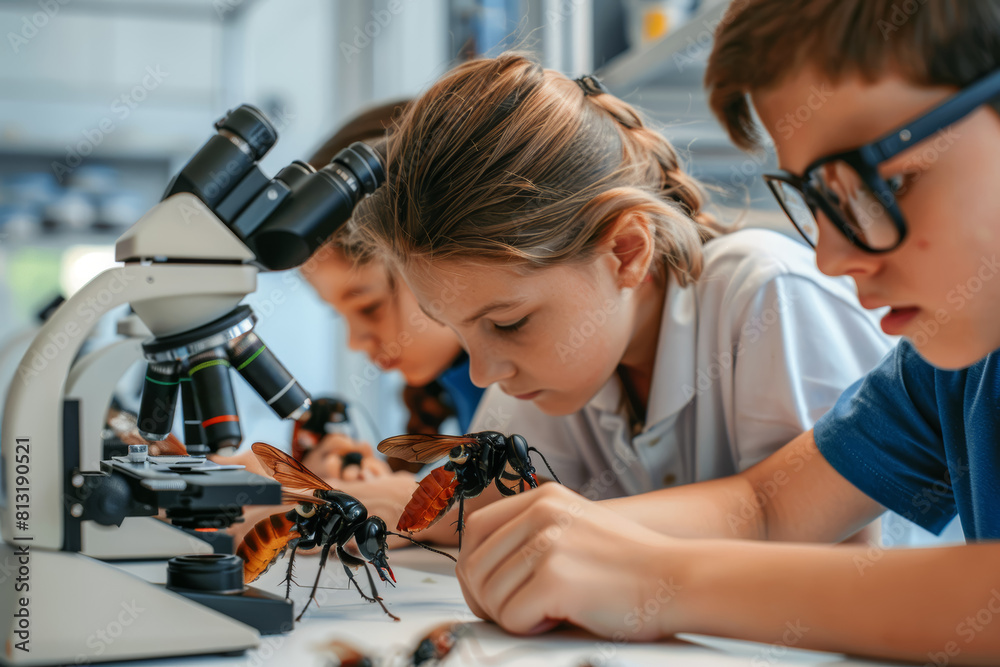 Motivated students studying the anatomy of insects under a microscope ...