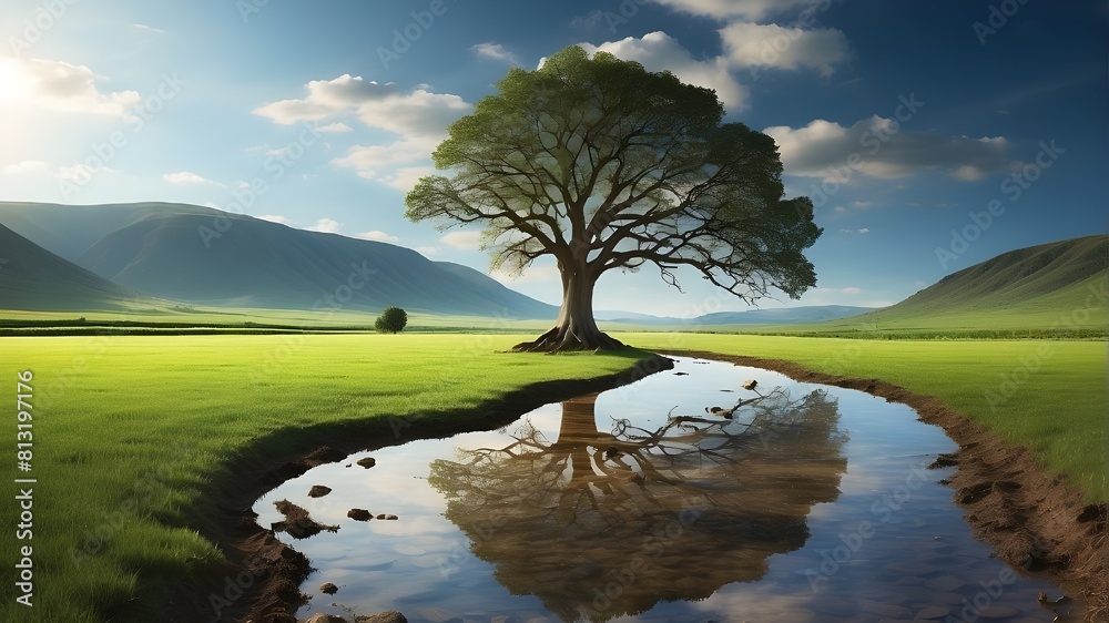 Ilustracja Stock: A lone tree stands proudly in the middle of a ...