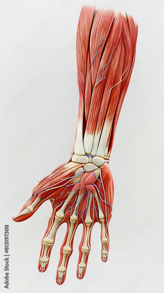 3D realistic illustration of the wrist muscular system on a white ...