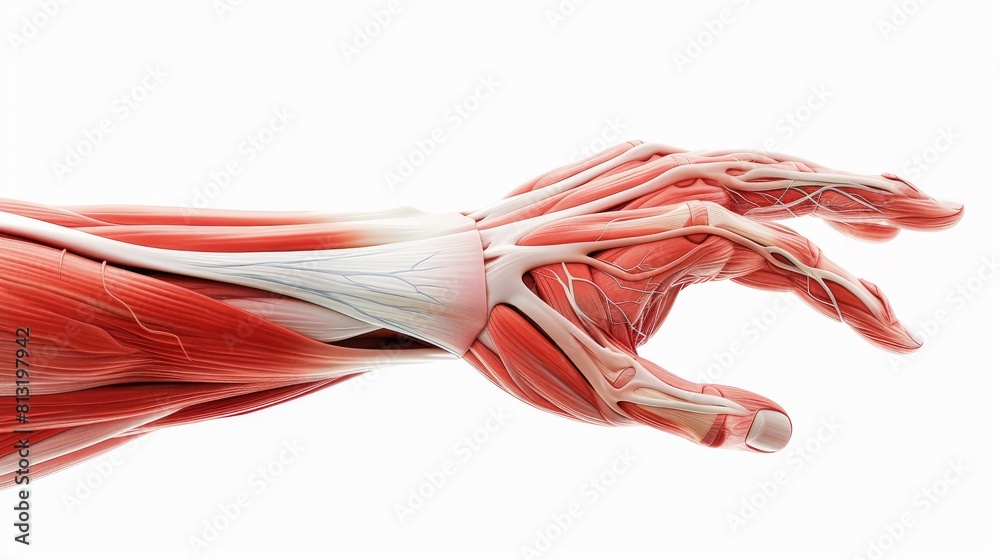3D realistic illustration of the wrist muscular system on a white ...
