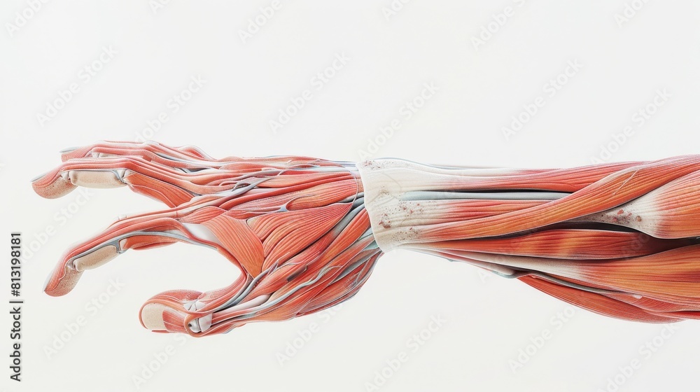 3D realistic illustration of the wrist muscular system on a white ...