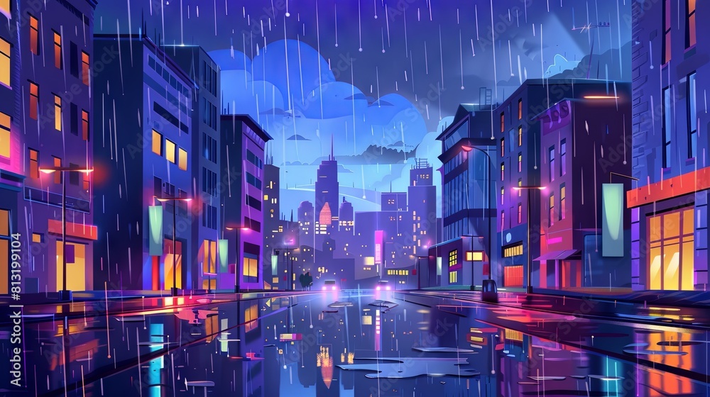 Rainy city town street scene cartoon concept drawing painting art ...