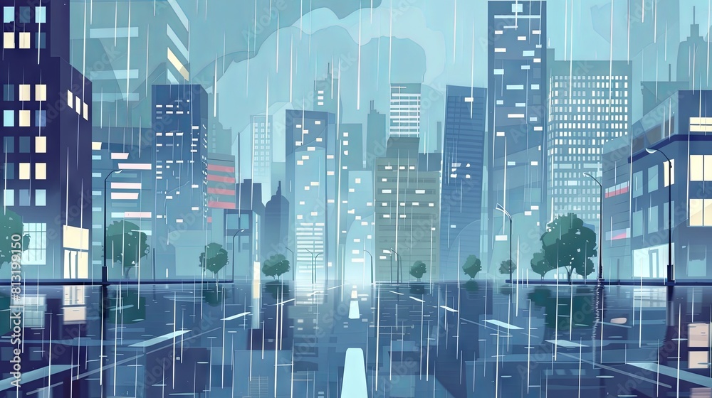 Rainy city town street scene cartoon concept drawing painting art ...