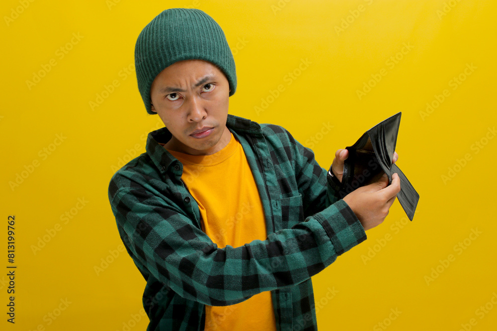 Indonesian man without money in his wallet, an unemployed Asian man ...