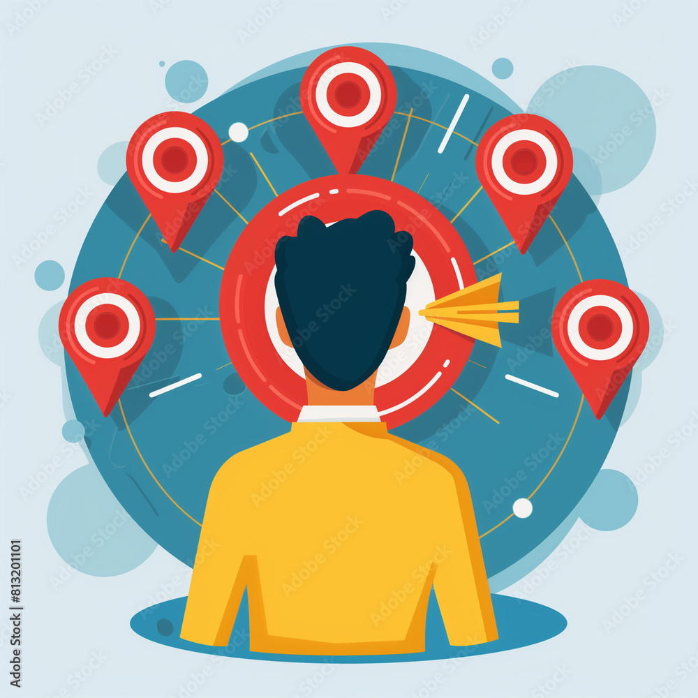 A man is looking at a map with a red target in the center. There are ...