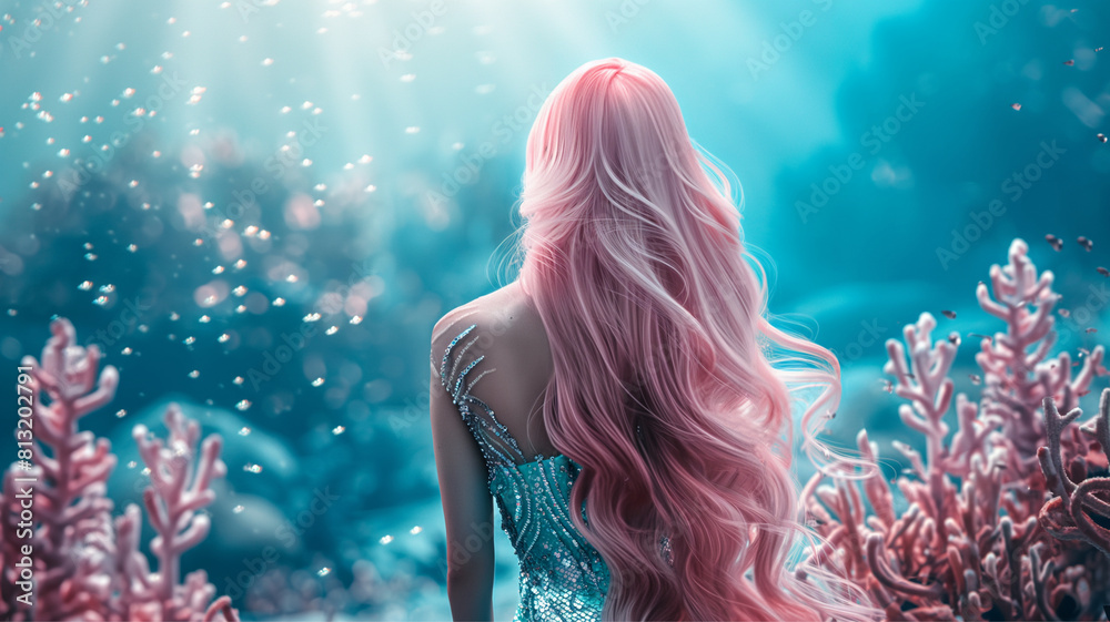 Back view beautiful mermaid with pink hair swimming underwater with ...