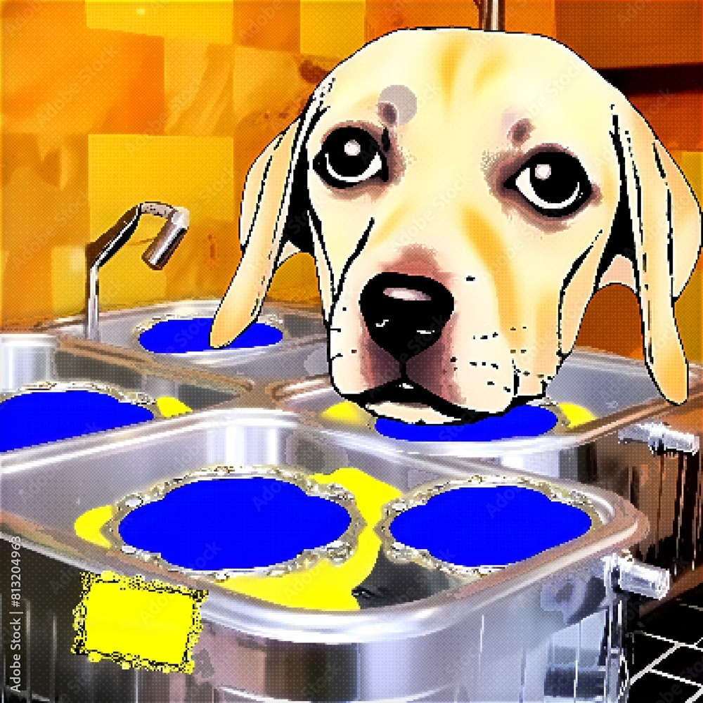 Pug Dog Examining Food Bowls on Kitchen Floor in Pop Art Style, 8 bit ...