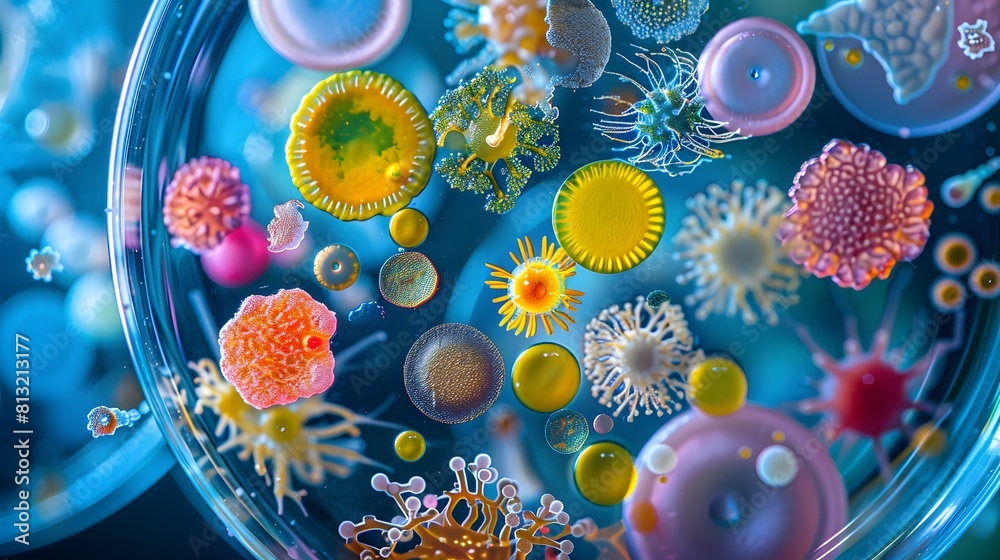 Colorful variety of microorganism inside petri dish plate in laboratory ...