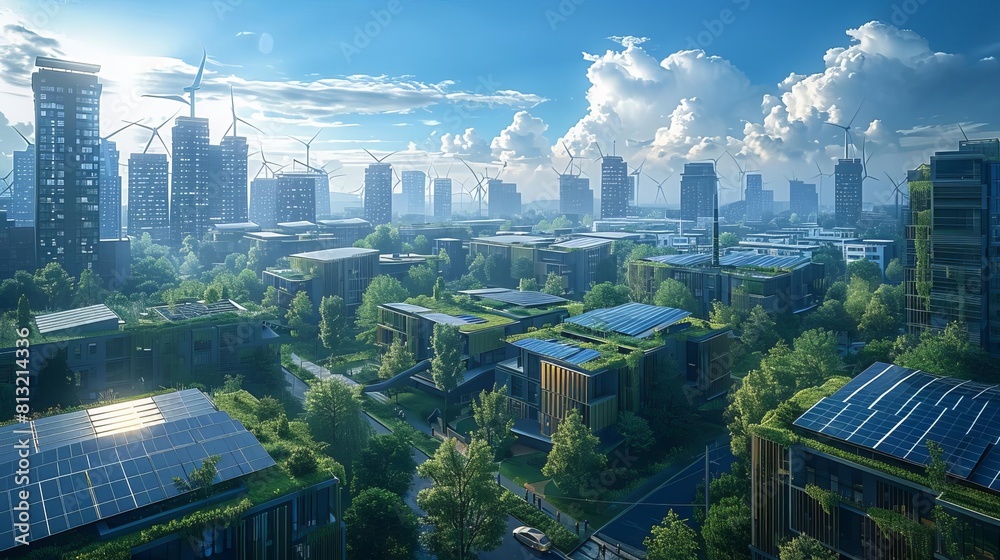 Illustrate a modern city powered entirely by renewable energy sources, featuring solar panels ...
