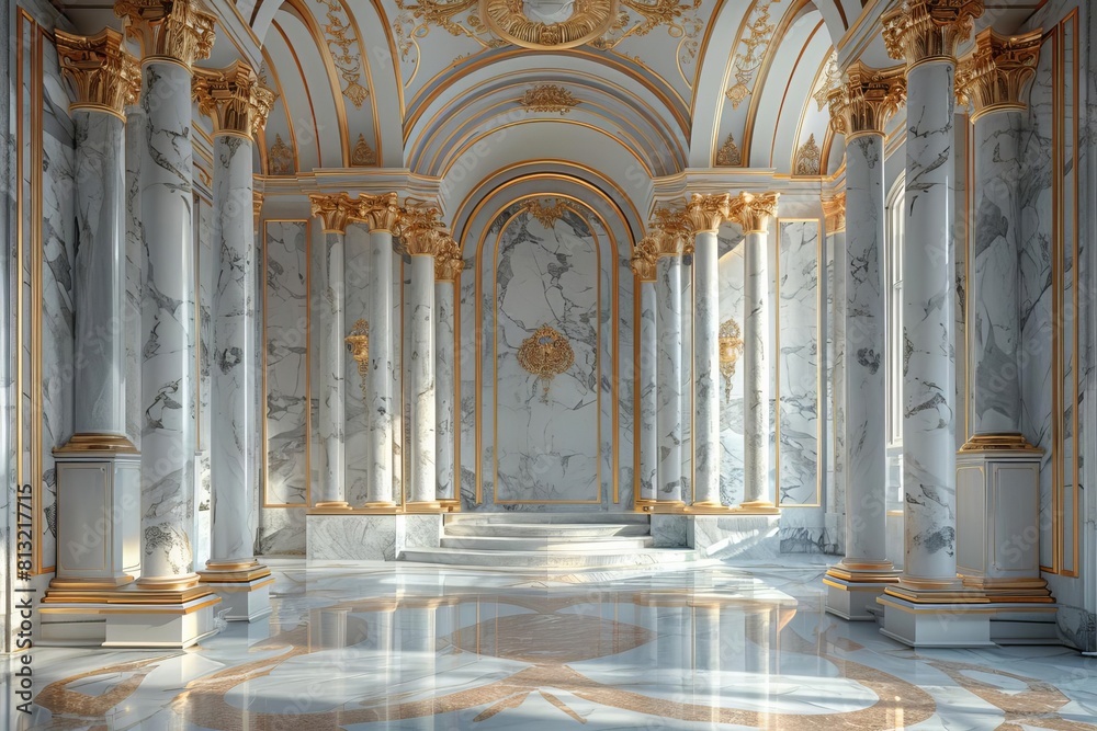 The image shows a grand hall with marble columns and a coffered ceiling. The floor is made of ...