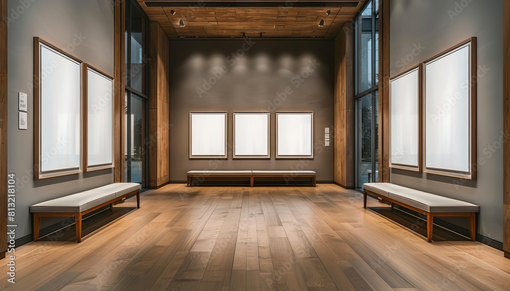 Illustrate a series of blank frames in a contemporary museum setting ...