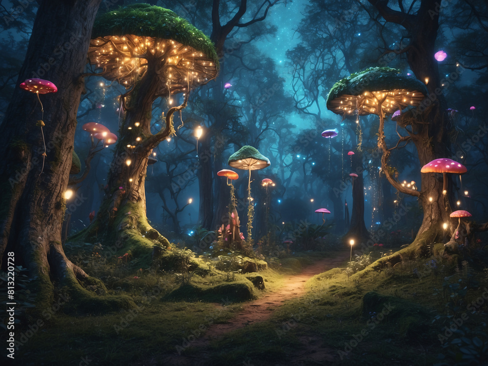 Fantasy unreal forest with magical creatures trees fireflies like in ...