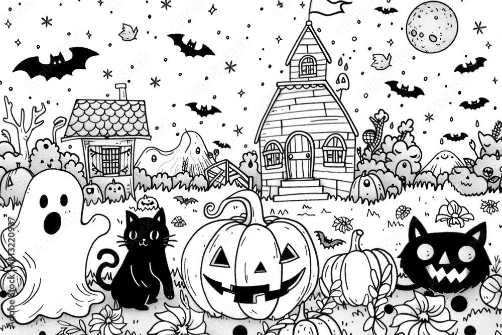 Scary Halloween coloring page with pumpkins, ghosts, bats and witches ...