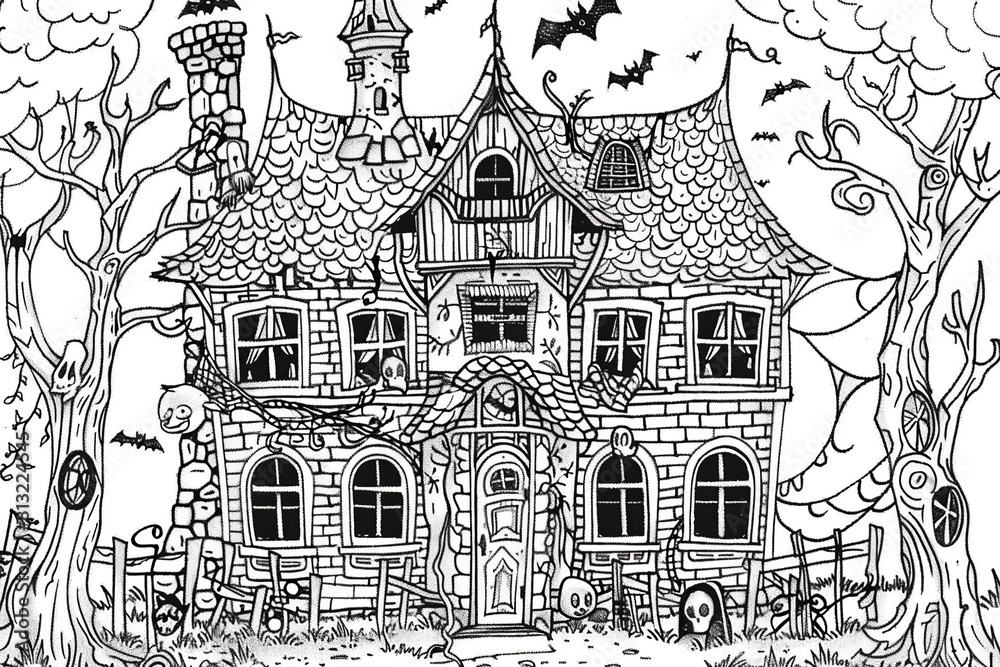 Scary Halloween coloring page with pumpkins, ghosts, bats and witches ...