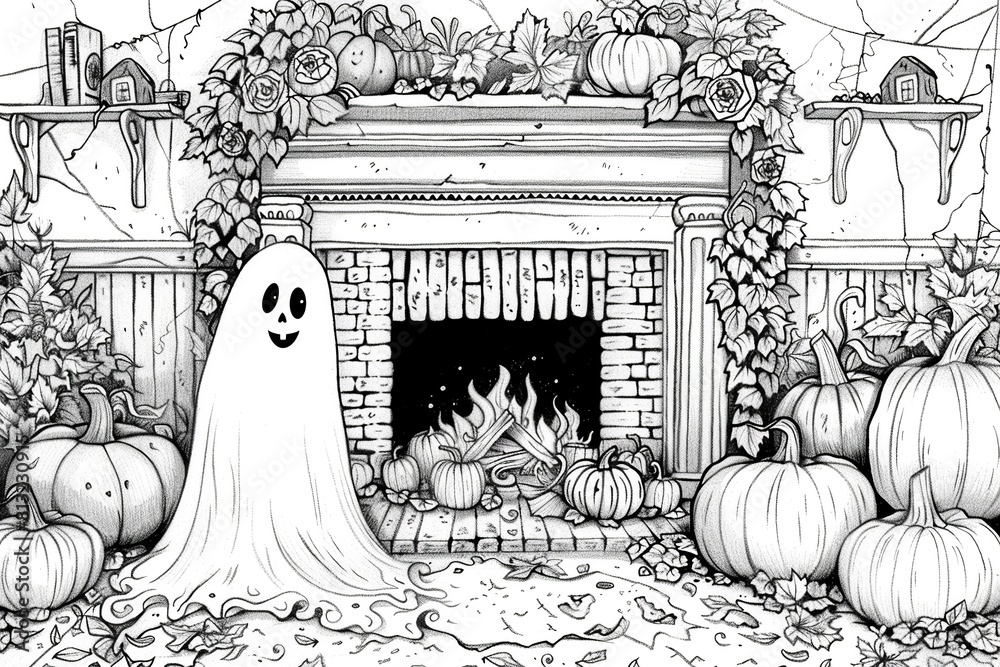 Scary Halloween coloring page with pumpkins, ghosts, bats and witches ...