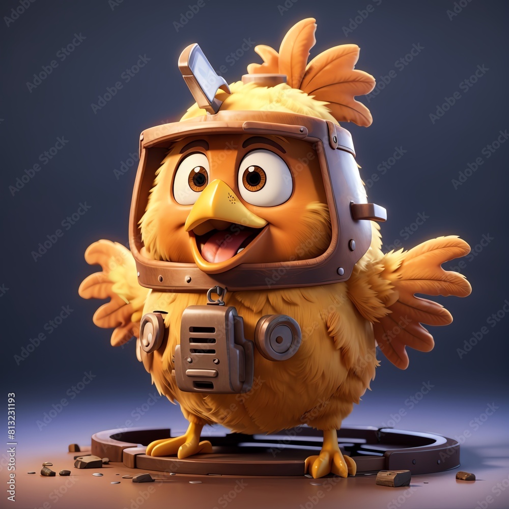 A yellow cyborg chicken wearing a space helmet is standing on a ...