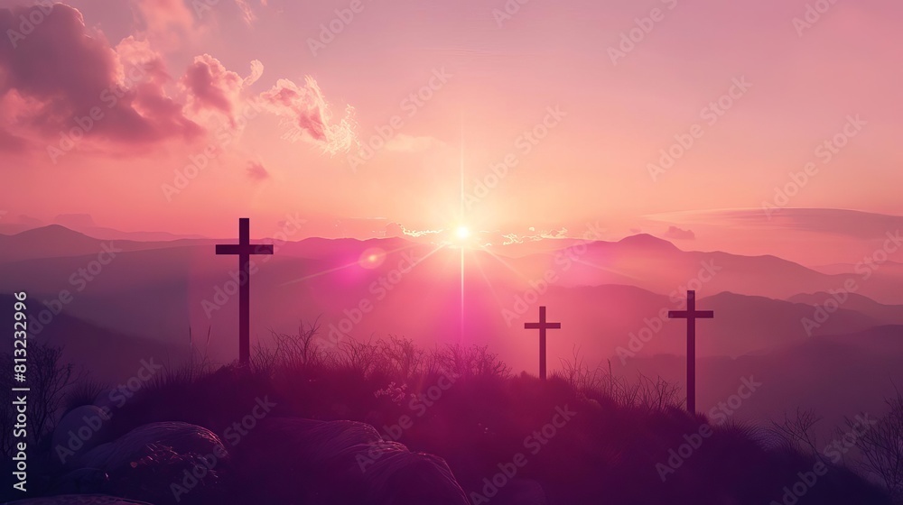 three crosses silhouetted against sunrise sky mountaintop spiritual ...