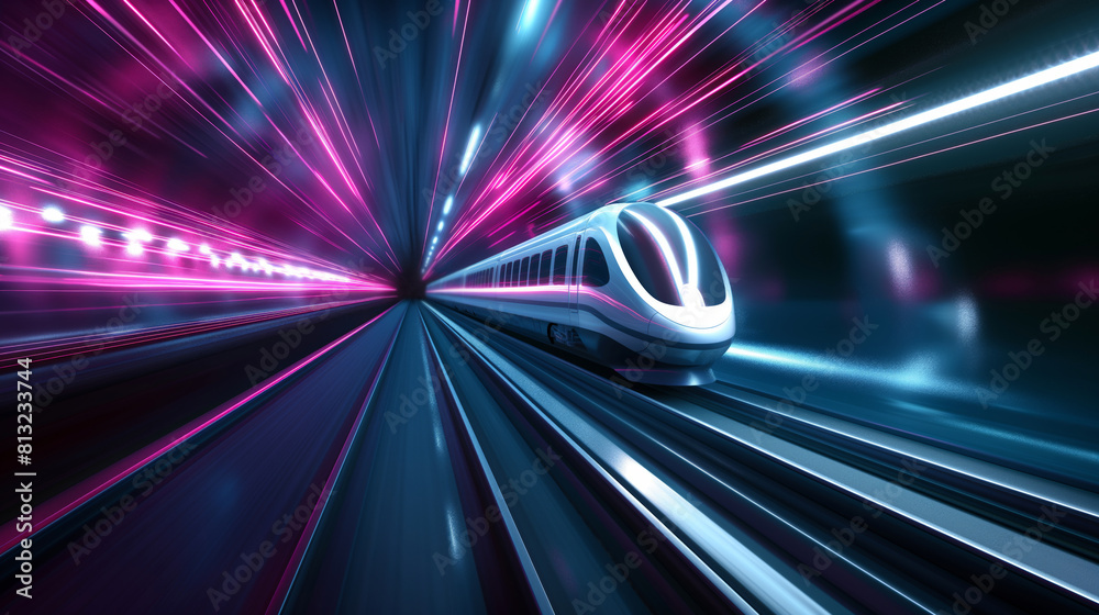 A futuristic high-speed train moves rapidly through a tunnel ...