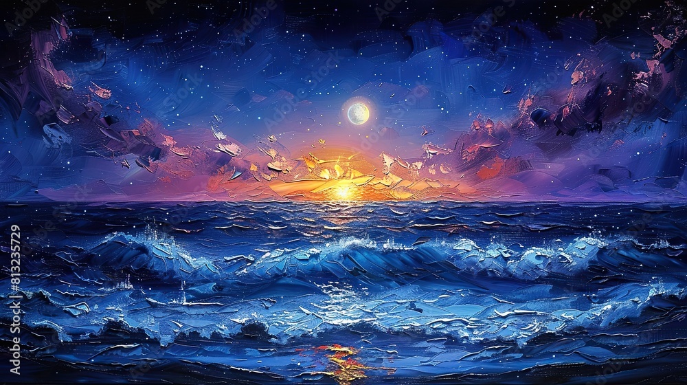 Impasto, starry sky and sea, a singular of texture and depth, capturing ...