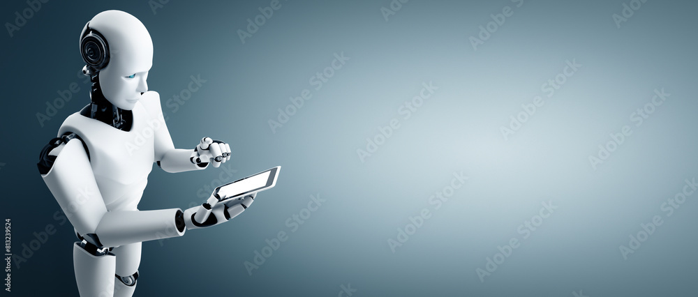 MLP 3d illustration Robot humanoid use mobile phone or tablet in future ...