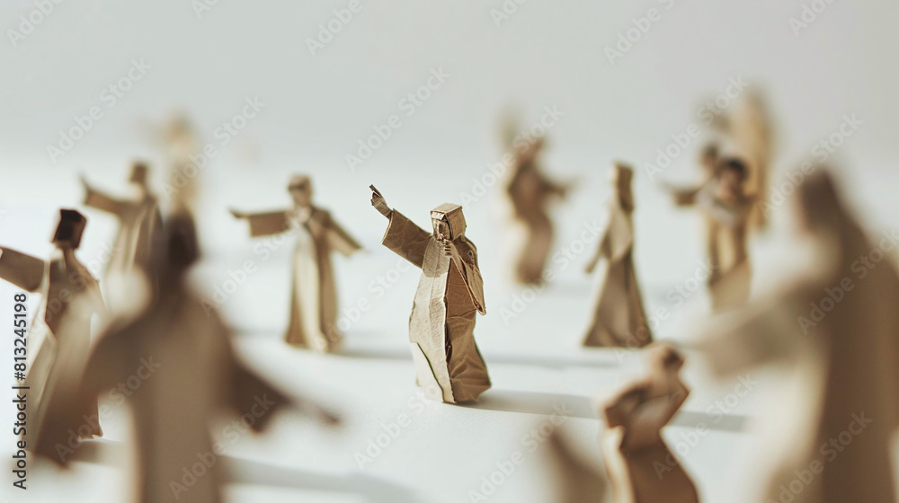 macro tilt-shift photography of tiny cardboard figures of people ...