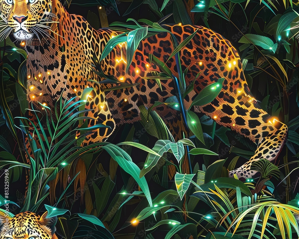 Envision a holographic leopard roaming through a pixelated jungle in a ...