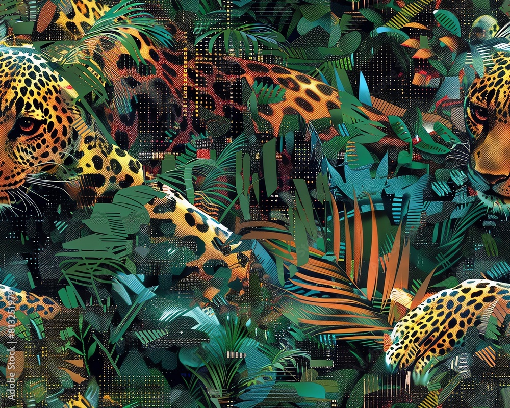 Envision a holographic leopard roaming through a pixelated jungle in a ...