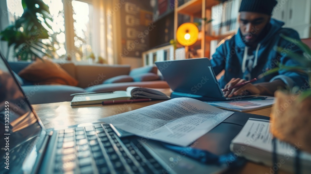 close up on master degree certificate with student man studying from ...