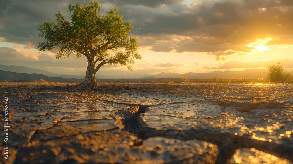 Resilient Solitude: Lone Tree Thriving in Arid Sunset Landscape ...