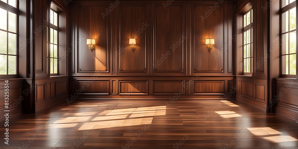 empty room with dark wood paneling and window, Luxury wood paneling background or texture ...