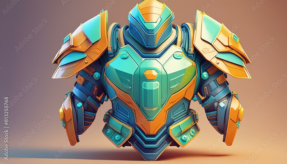Stylized digital artwork of a robotic battle suit with vibrant colors ...