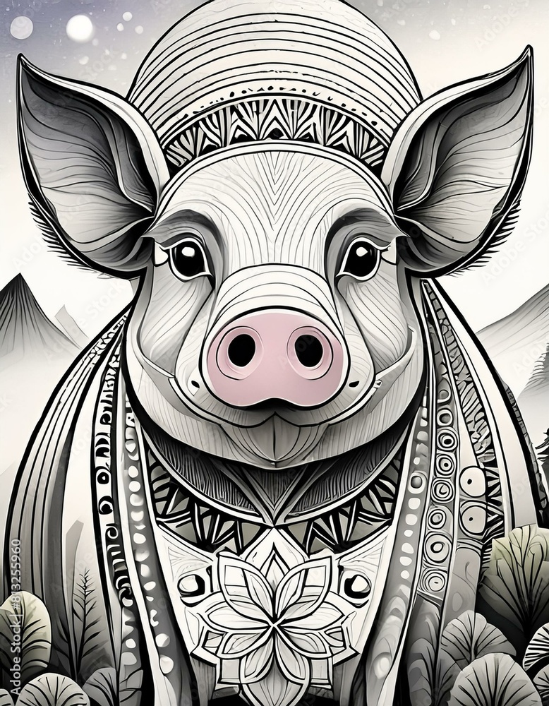 Tribal pig illustration with monochrome patterns coloring book page ...