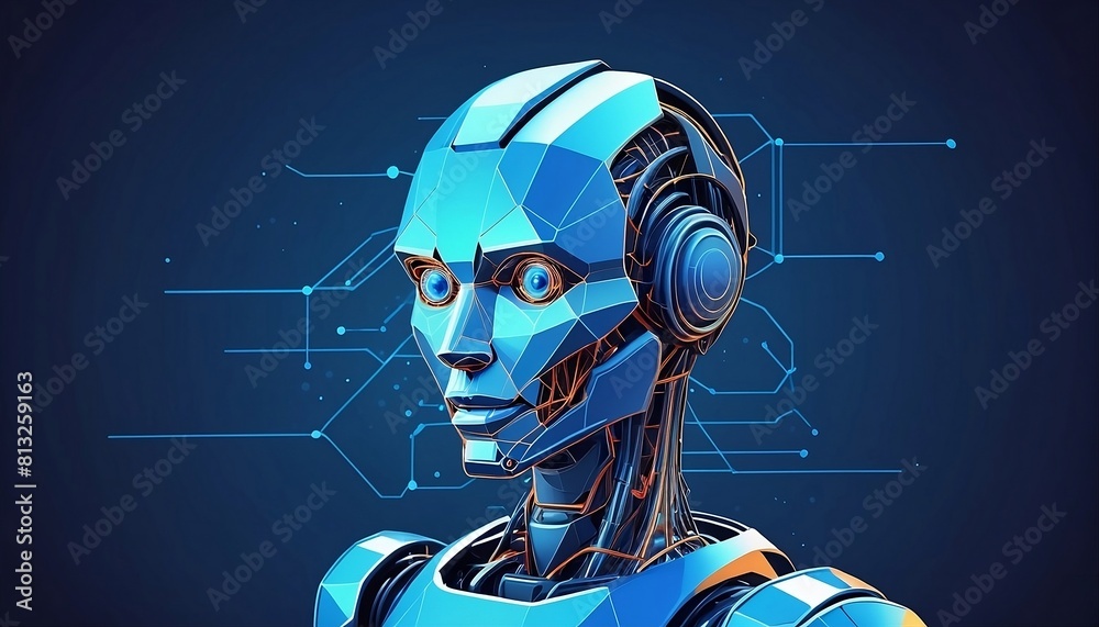 Abstract head of the humanoid robot android with talk bubble speech in ...