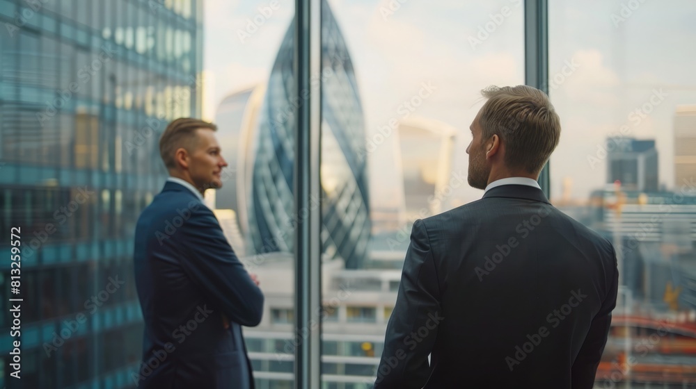 rear view of Successful executive in early 40s standing with hand on ...