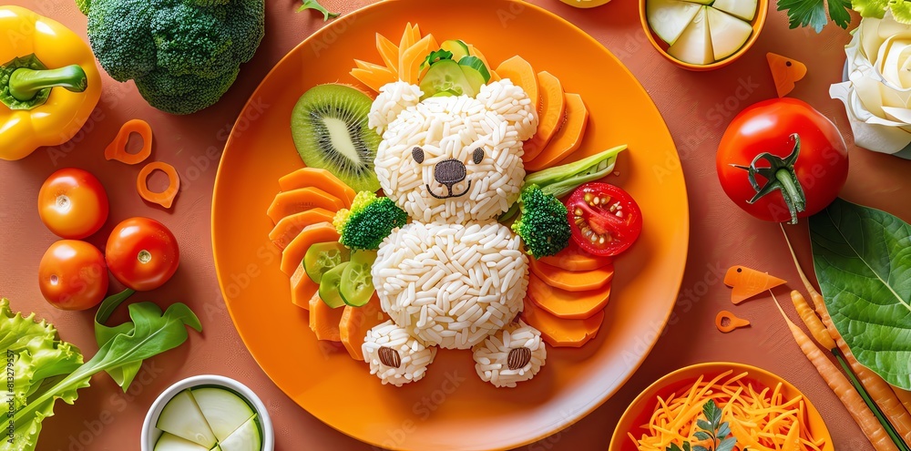 Cute bear-shaped rice surrounded by colorful vegetables and fruits on ...